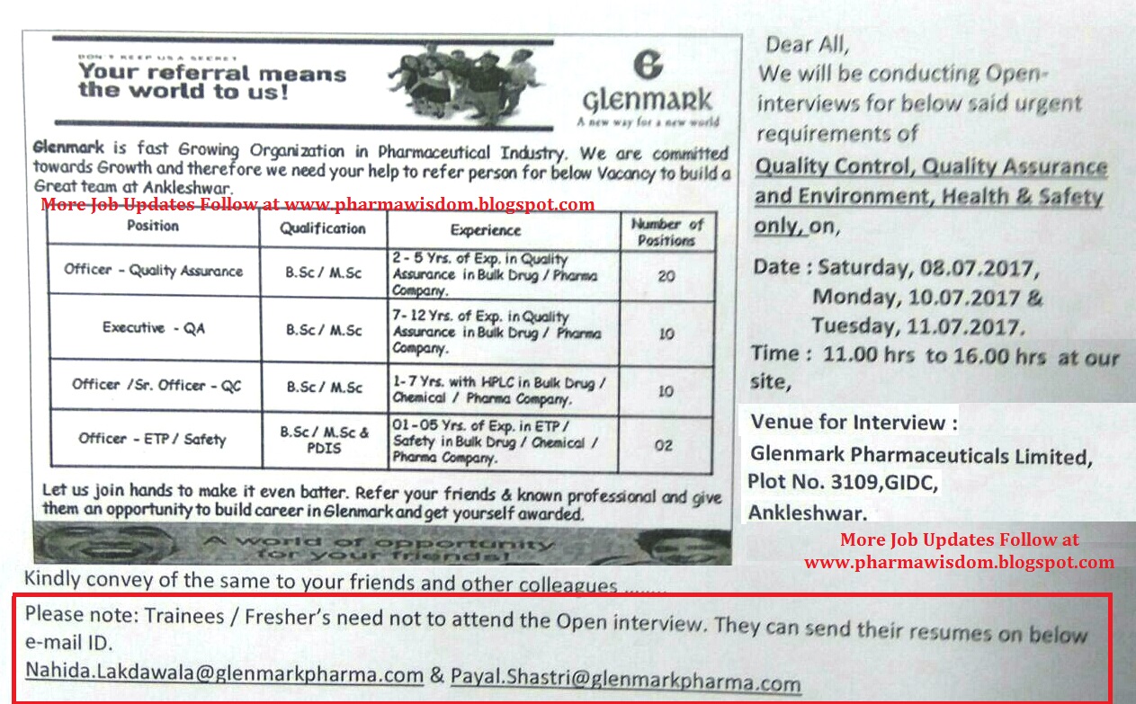Glenmark Pharmaceuticals - Walk-In Interview for Multiple Positions (42 ...