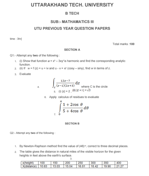 Uttarakhand Technical University B.Tech Mathematics III 2013 Question ...
