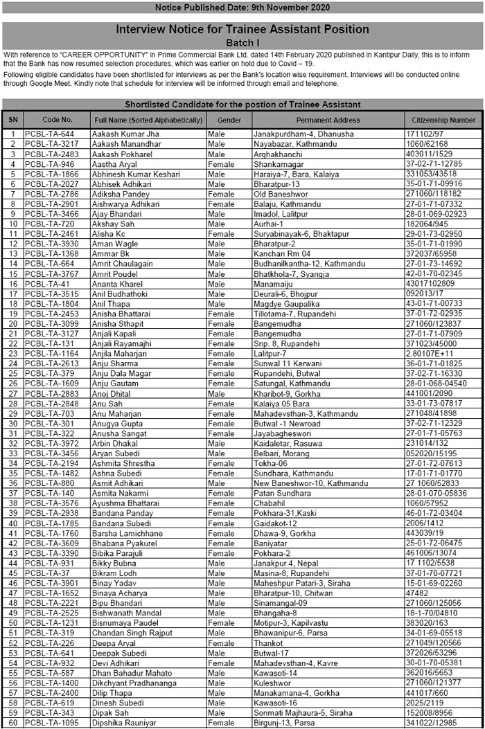 Notice from Prime Commercial Bank