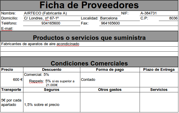Modelo De Ficha De Proveedores