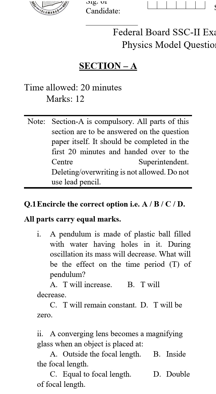 Fbise class 10 Physics model paper new with pattern- Book download ...