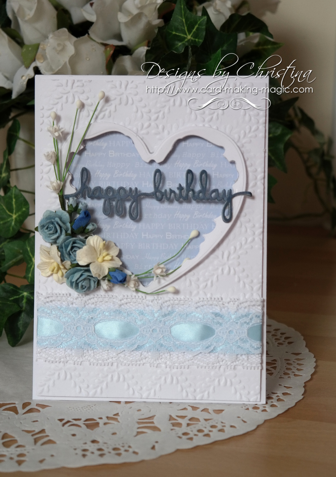 Flowers, Ribbons and Pearls: Blue Birthday Card