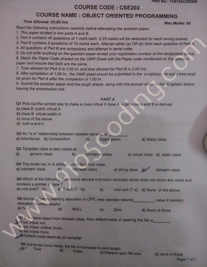 Cse 202 Object Oriented Programming C Programming Lpu Mid Term Question Paper