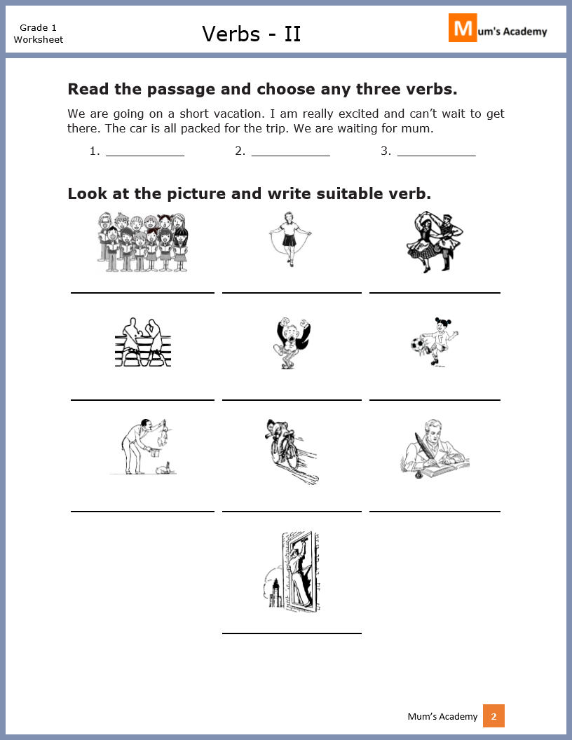 Grade 1 - Worksheet - Verbs II - Mum's Academy