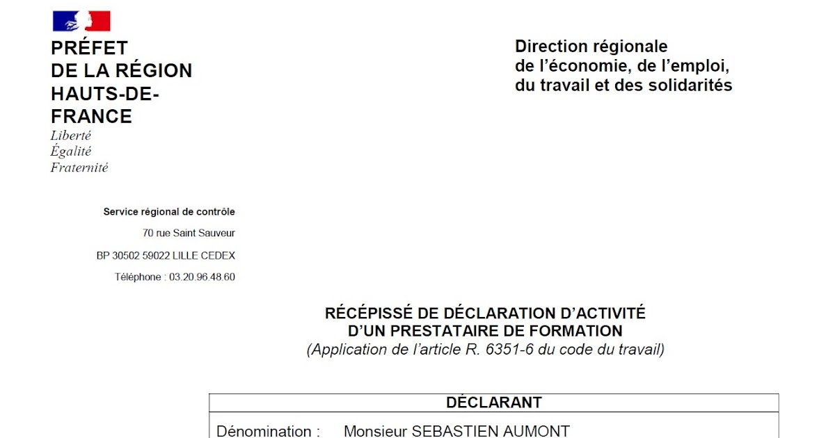 Récépissé de déclaration d'activité d'un prestataire de formation