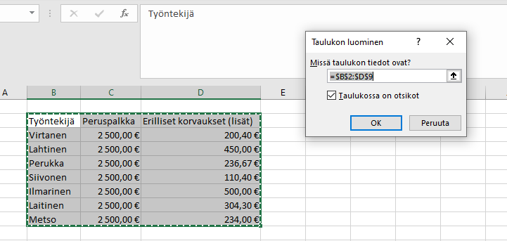 Laura Anna-Kristiina Elina: Excel - taulukko ja Excel - hakufunktiot