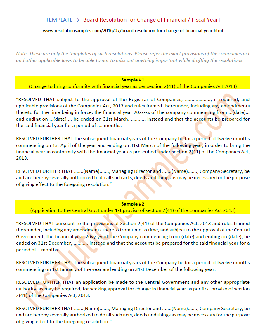 Board Resolution Format for Change of Financial / Fiscal Year