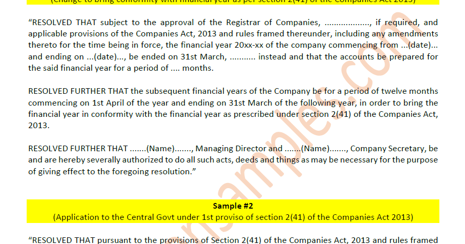Board Resolution Format for Change of Financial / Fiscal Year