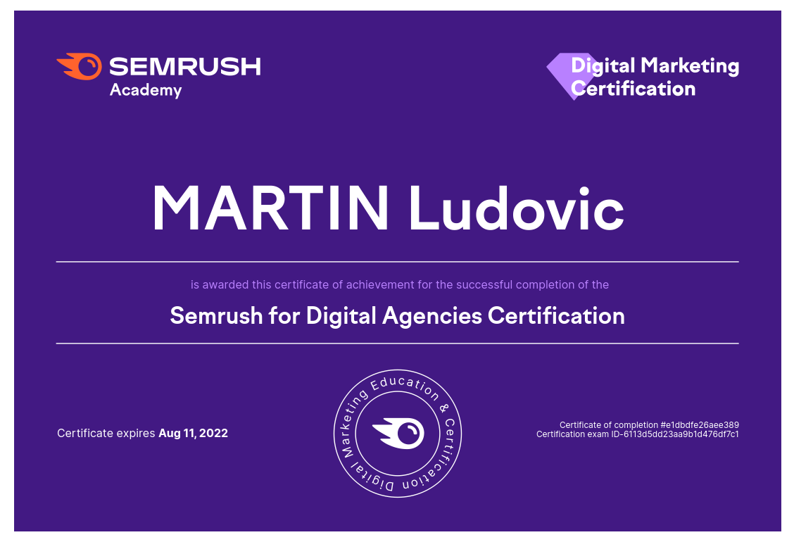 Certification SEMRUSH obtenue