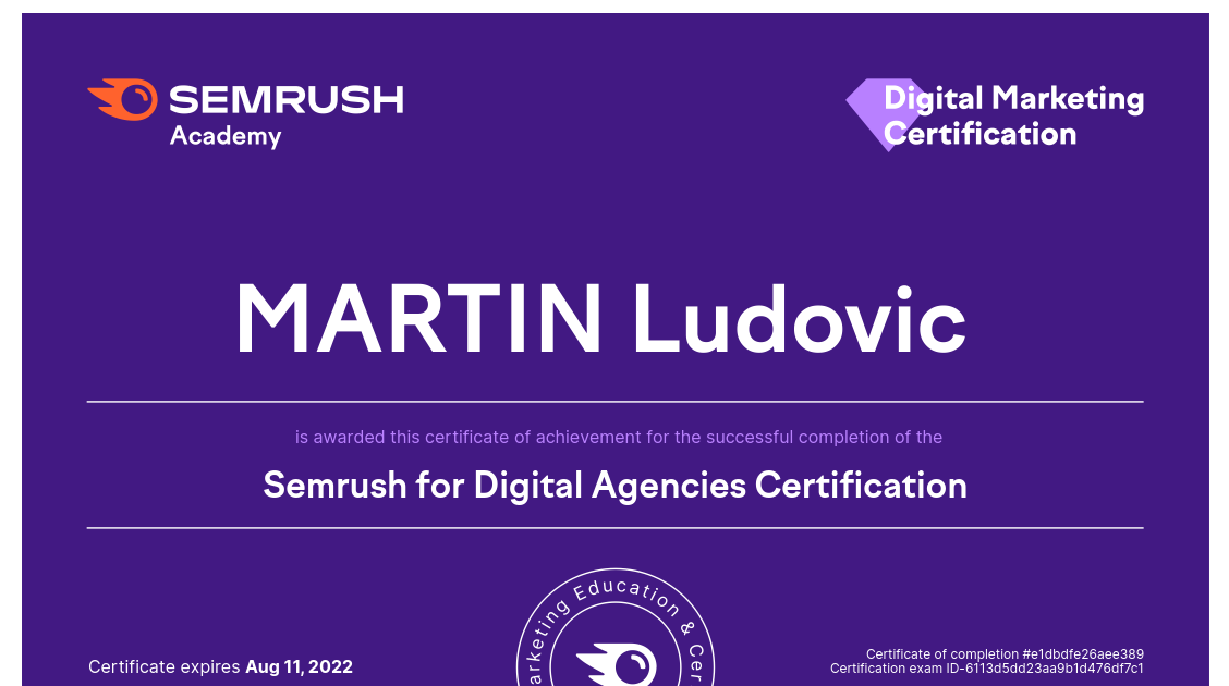 Certification SEMRUSH obtenue