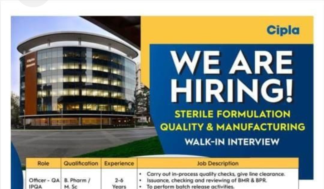 CIPLA LIMITED WALK IN INTERVIEW FOR D. PHARM / B. PHARM / M.SC IN QA & MANUFACTURING DEPARTMENTS ...