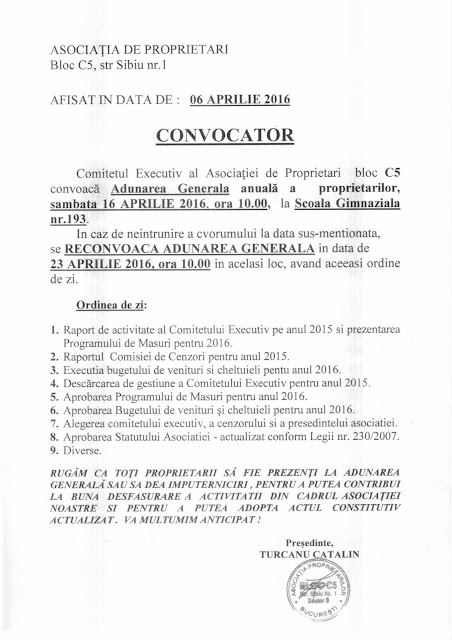 ASOCIATIA DE PROPRIETARI BLOC C5 SIBIU NR. 1 BUCURESTI: Adunare ...