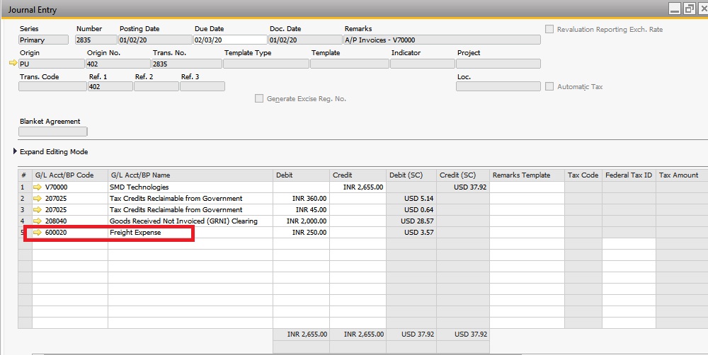 SAP Business One Knowledge: Manage Freight Charges in Purchasing Document