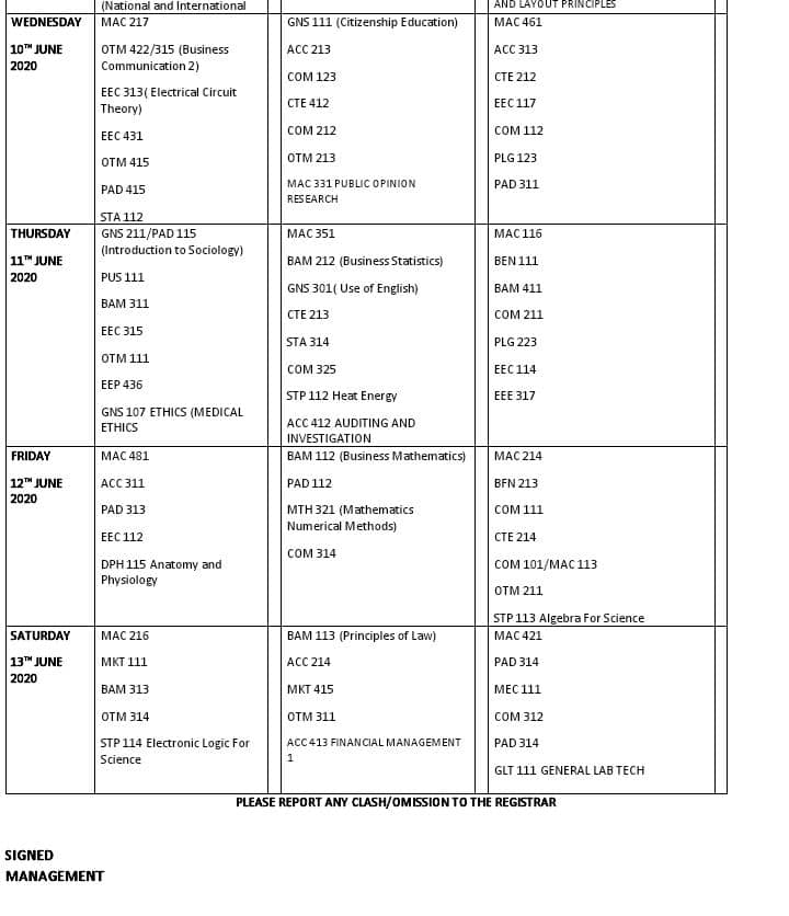 Eastern Poly Online Exam Timetable for 1st Semester 2019/2020