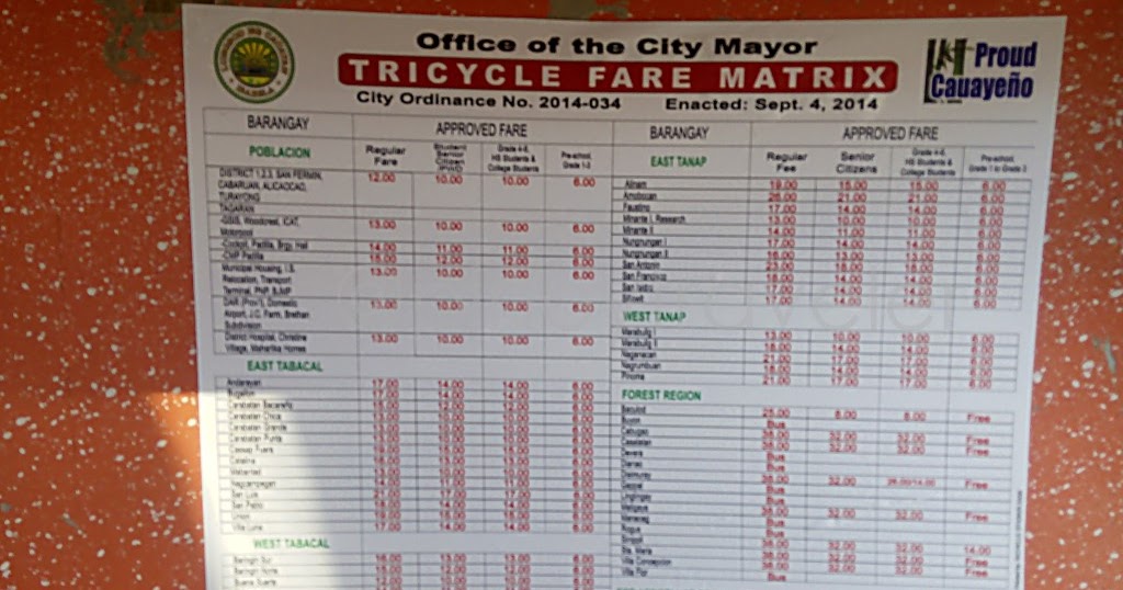 Cauayan City Tricycle Fare Matrix