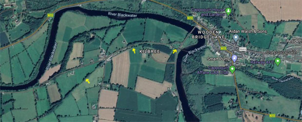 This is a satellite view near Cappoquin showing the location of the ...