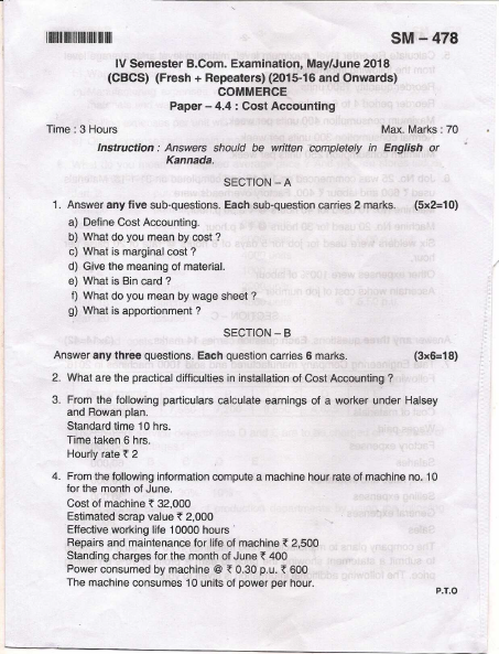 Bangalore University B.Com. COMMERCE PAPER-4.4 : COST ACCOUNTING May ...