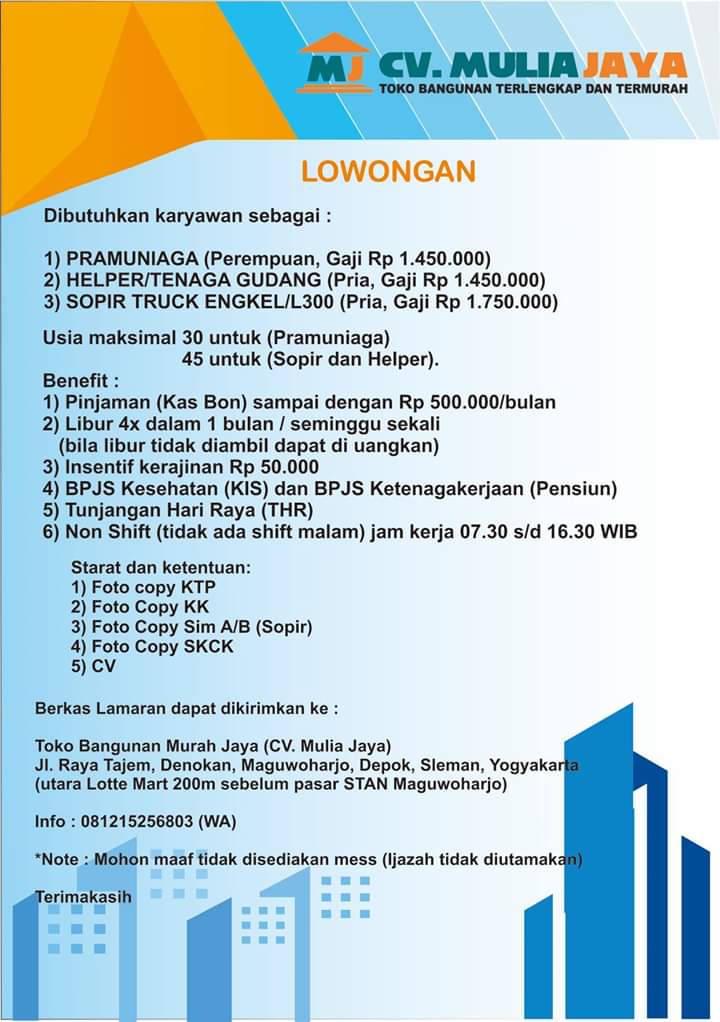 Lowongan Kerja CV. Mulia Jaya Jogja (Pramuniaga, Helper, Supir) April ...