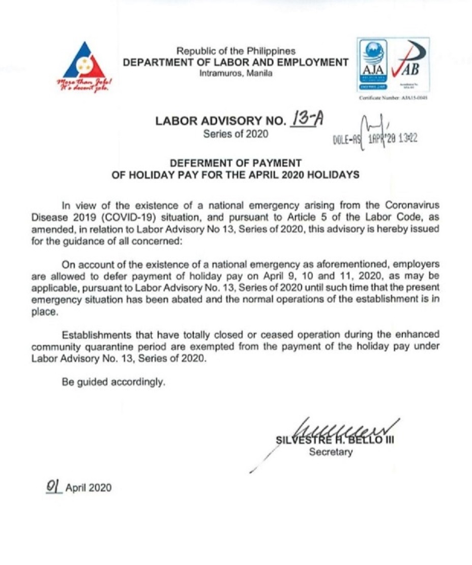 DOLE Davao del Norte: Labor Advisory No. 13-20