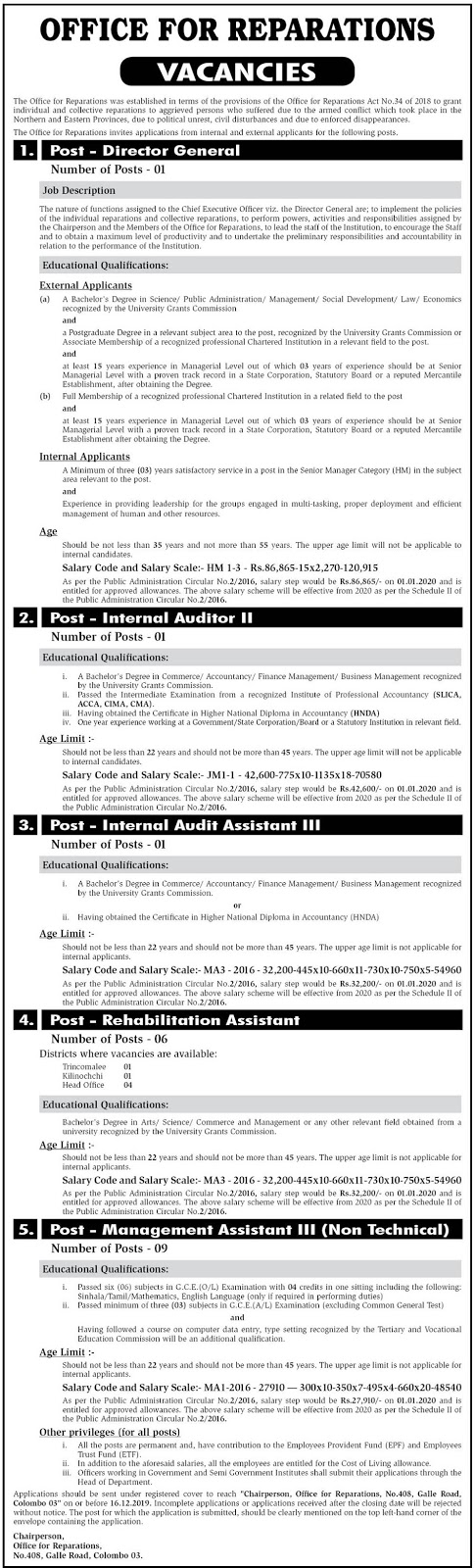 Management Assistant Rehabilitation Assistant Internal Audit