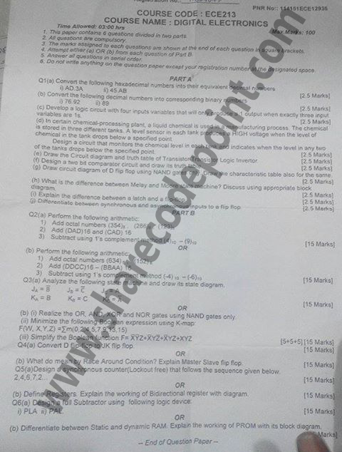 ECE213 Digital Electronics End Term Exam Question Paper