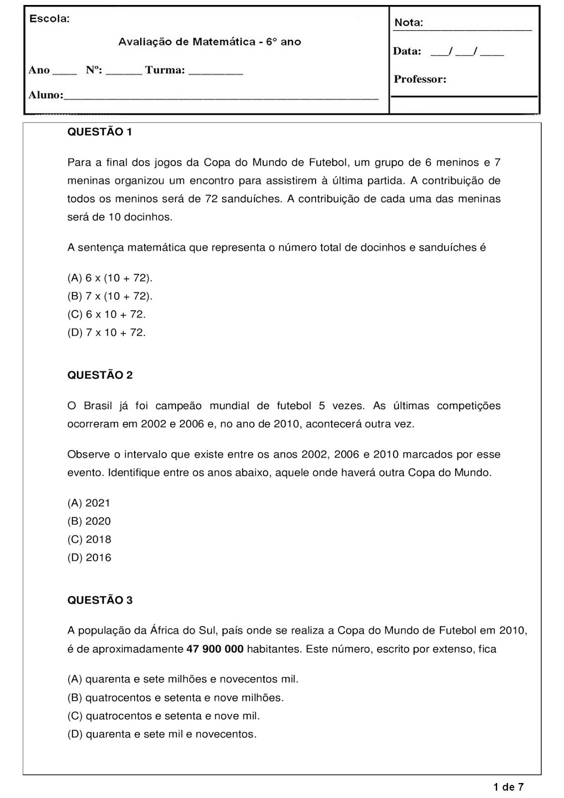 Matematica Prova 6 Ano - FDPLEARN