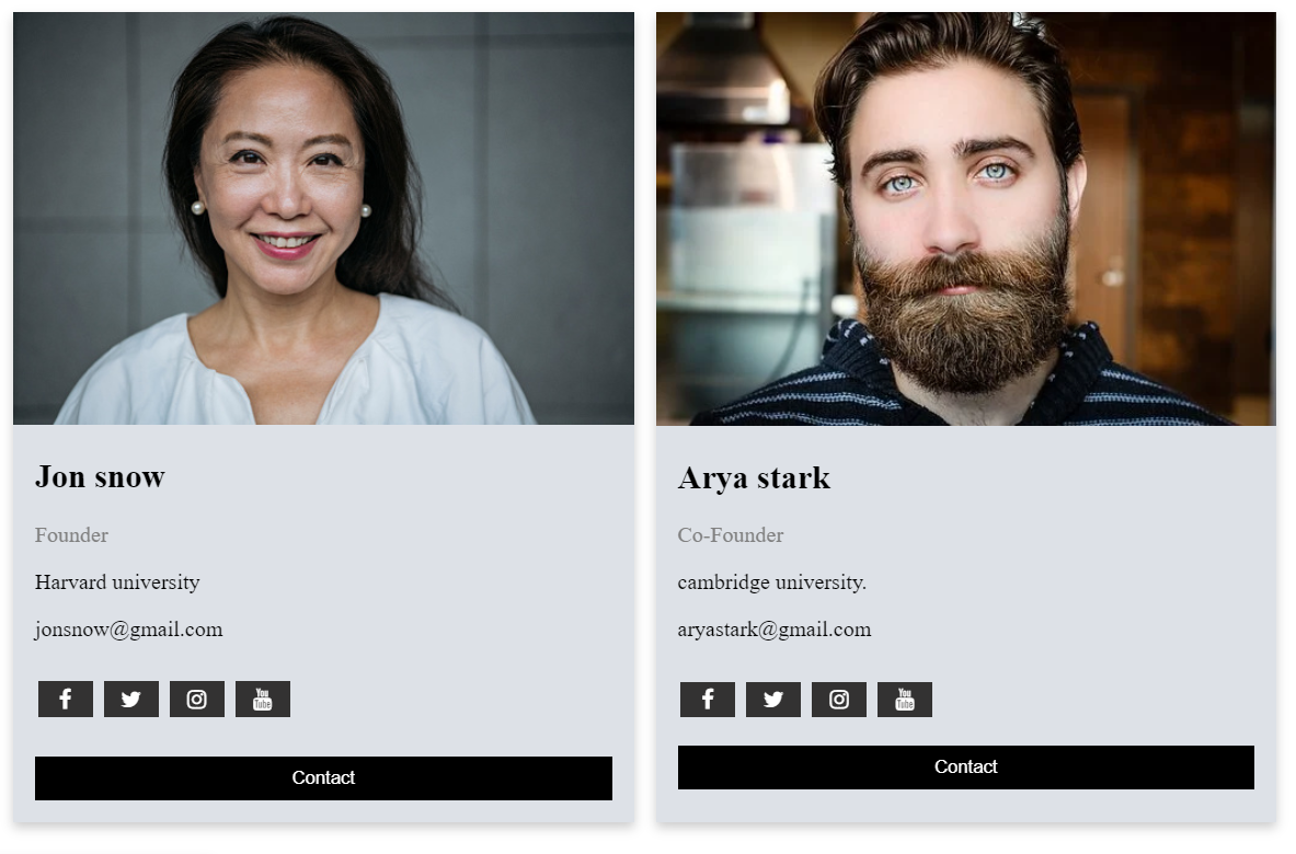 Profile cards with social media icons side by side using HTML and CSS only.