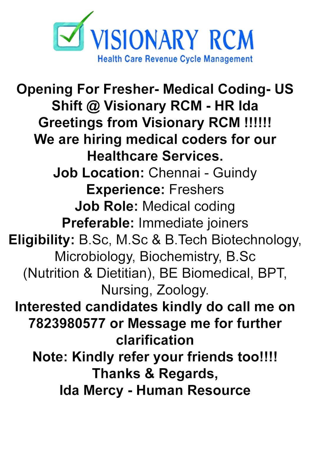 Opening For Fresher- Medical Coding- US Shift @ Visionary RCM - HR Ida ...