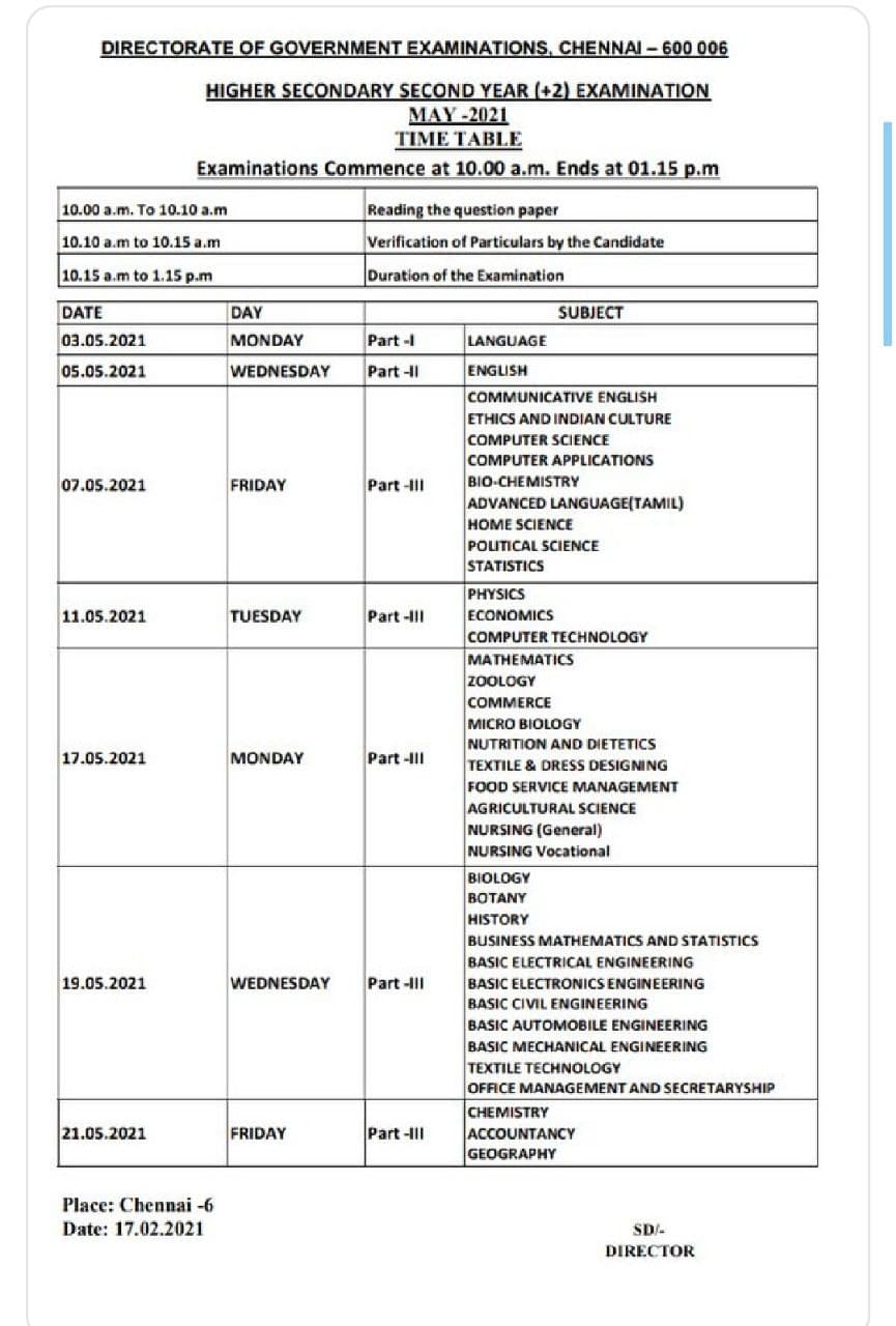 12th Public Exam New Time Table 2020-21 in Tamil Nadu