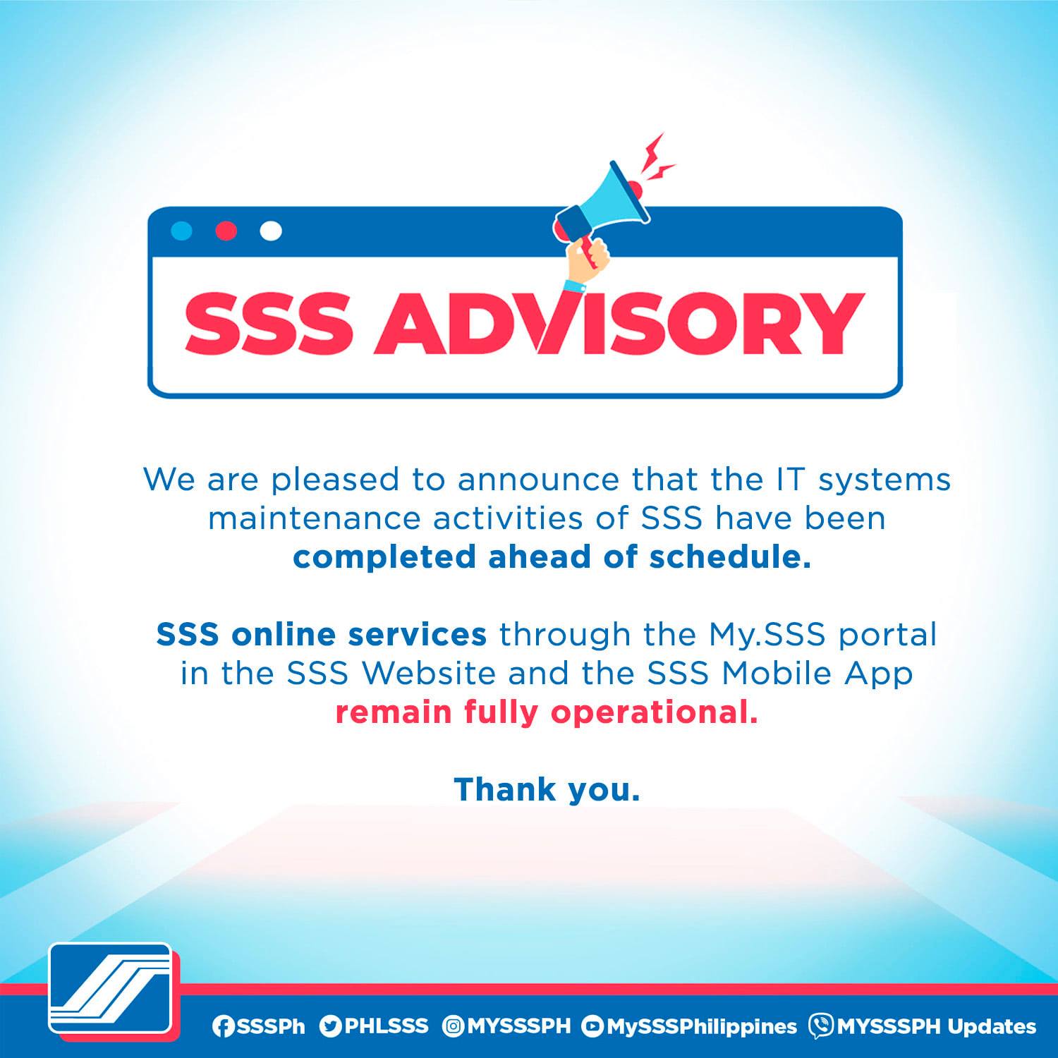 SSS system maintenance completed ahead of schedule; online services ...