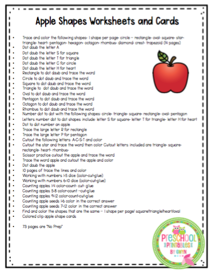 Apple Shapes Worksheets plus Math Included and Clip Cards ~ Preschool ...