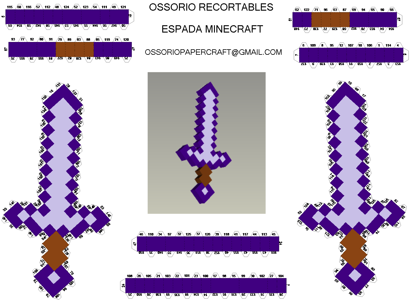 OSSORIO RECORTABLES DE PAPEL: Espada minecraft color morado