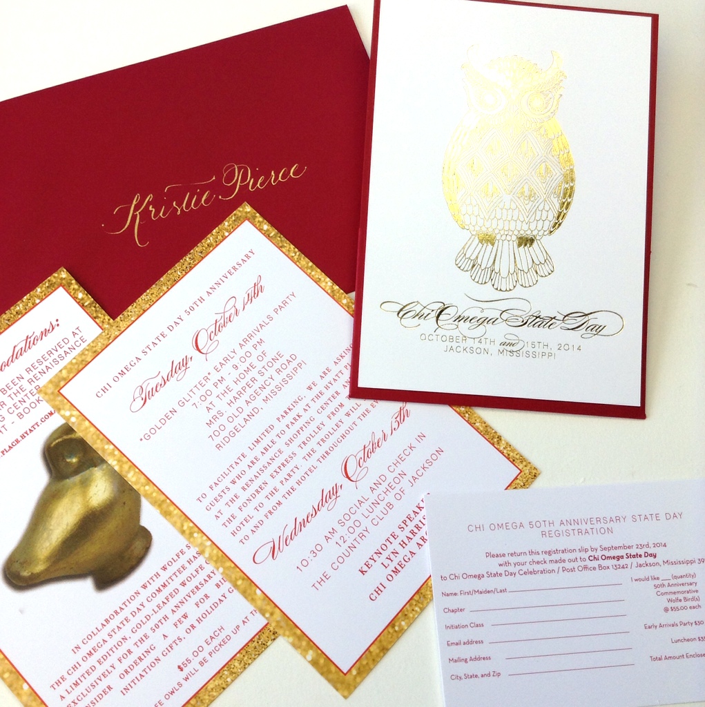 Chi Omega Custom Gold Foil and Glitter Invitations | Fresh Ink : Style ...