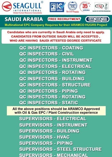 SAUDI JOBS : REQUIRED FOR ARAMCO HUGRS PROJECT IN SAUDI