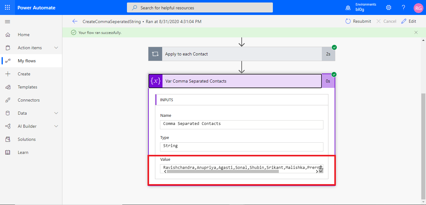 Creating comma separated string using array collection in Microsoft Flow.