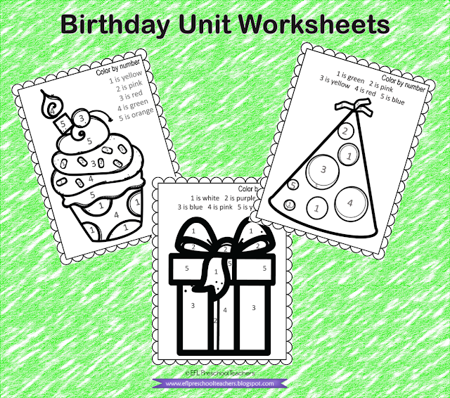 ESL/EFL Preschool Teachers: Birthday Unit Worksheets for Kindergarten ELL