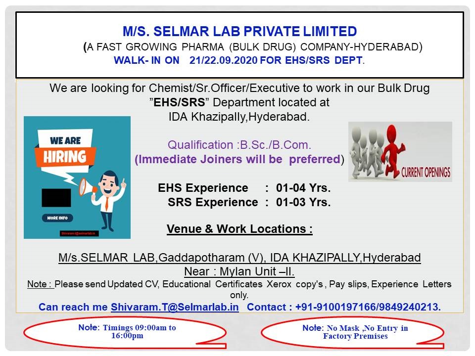 Walk-In Interviews @ Selmar Lab Pvt. Ltd for Multiple Positions in ...