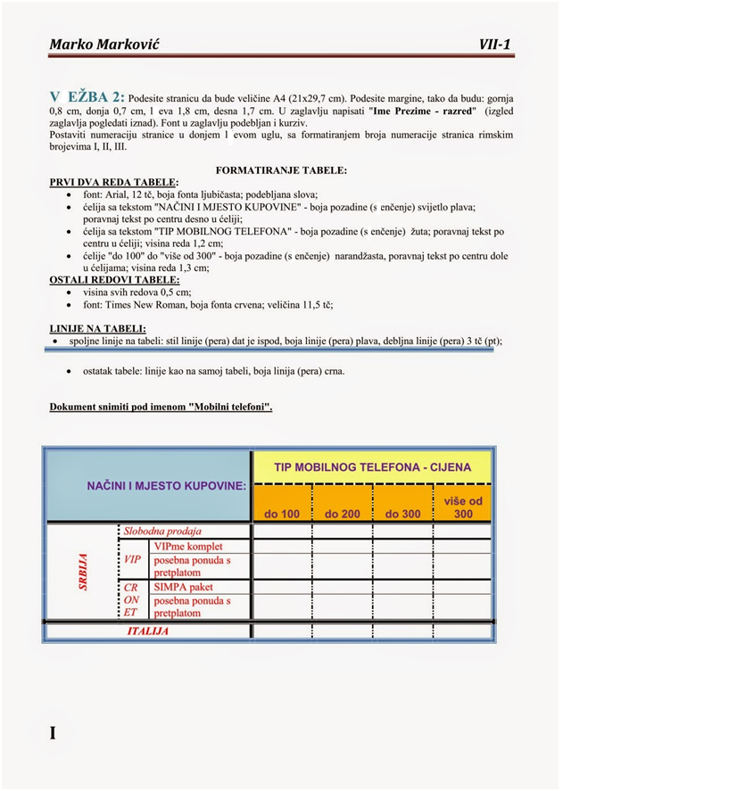 INFORMATIKA I RAČUNARSTVO: Vezbe: Tabele u Wordu