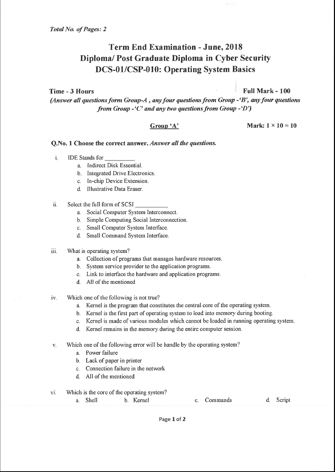 OSPU DCS CSP operating system basics June 2018 Question Paper ...