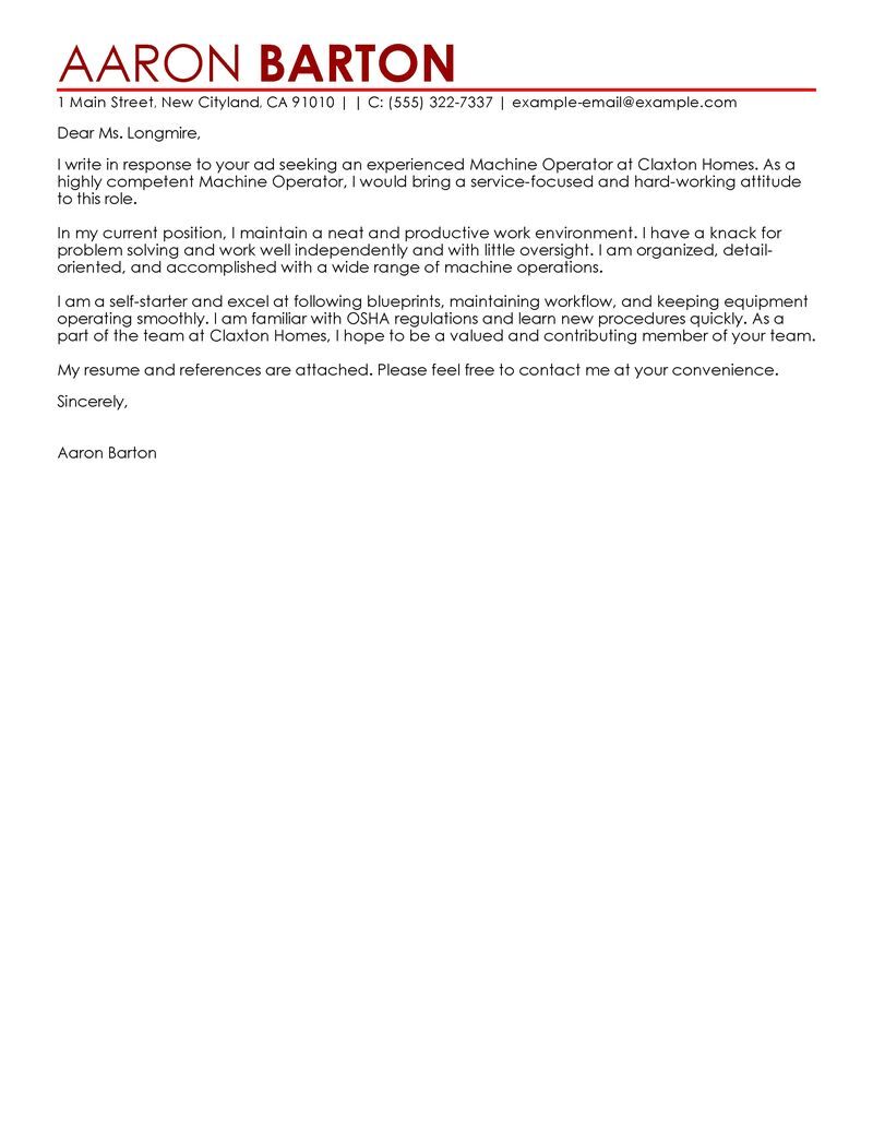 Machine Operator Cover Letter ~ Resume Letter