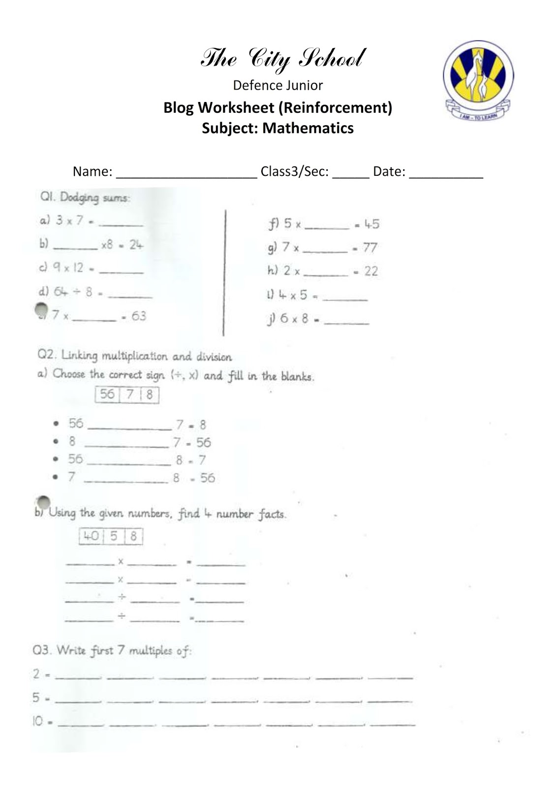 The City School ( Defence Junior ) : Math's Blog Worksheet No 14