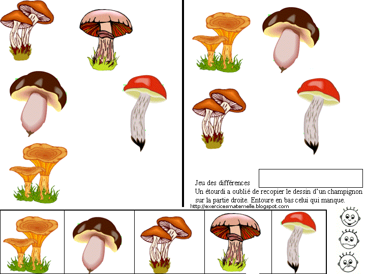 Maternelle: Jeu des diffférences avec des champignons