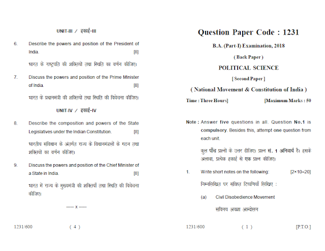 Lucknow University B.A. Part-I (Back Paper) POLITICAL SCIENCE Second ...