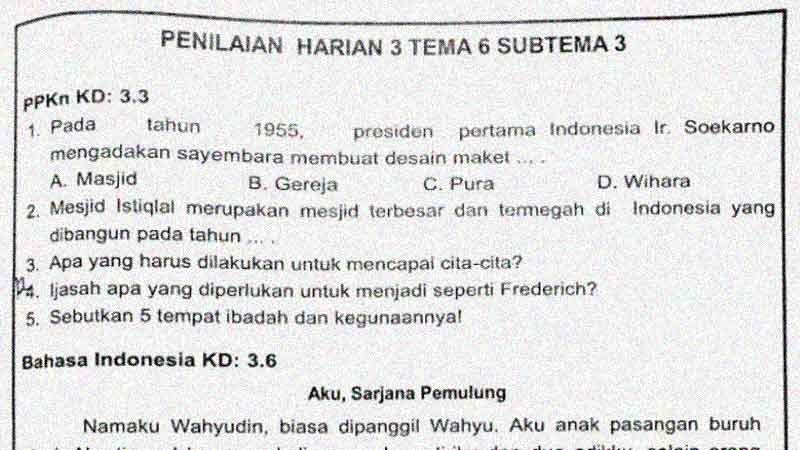 Soal Penilaian Harian Kelas 4 Tema 6 Subtema 3 - SekolahDasar.Net
