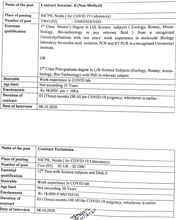 NICPR Noida Molecular Biology Scientist/Technician Openings