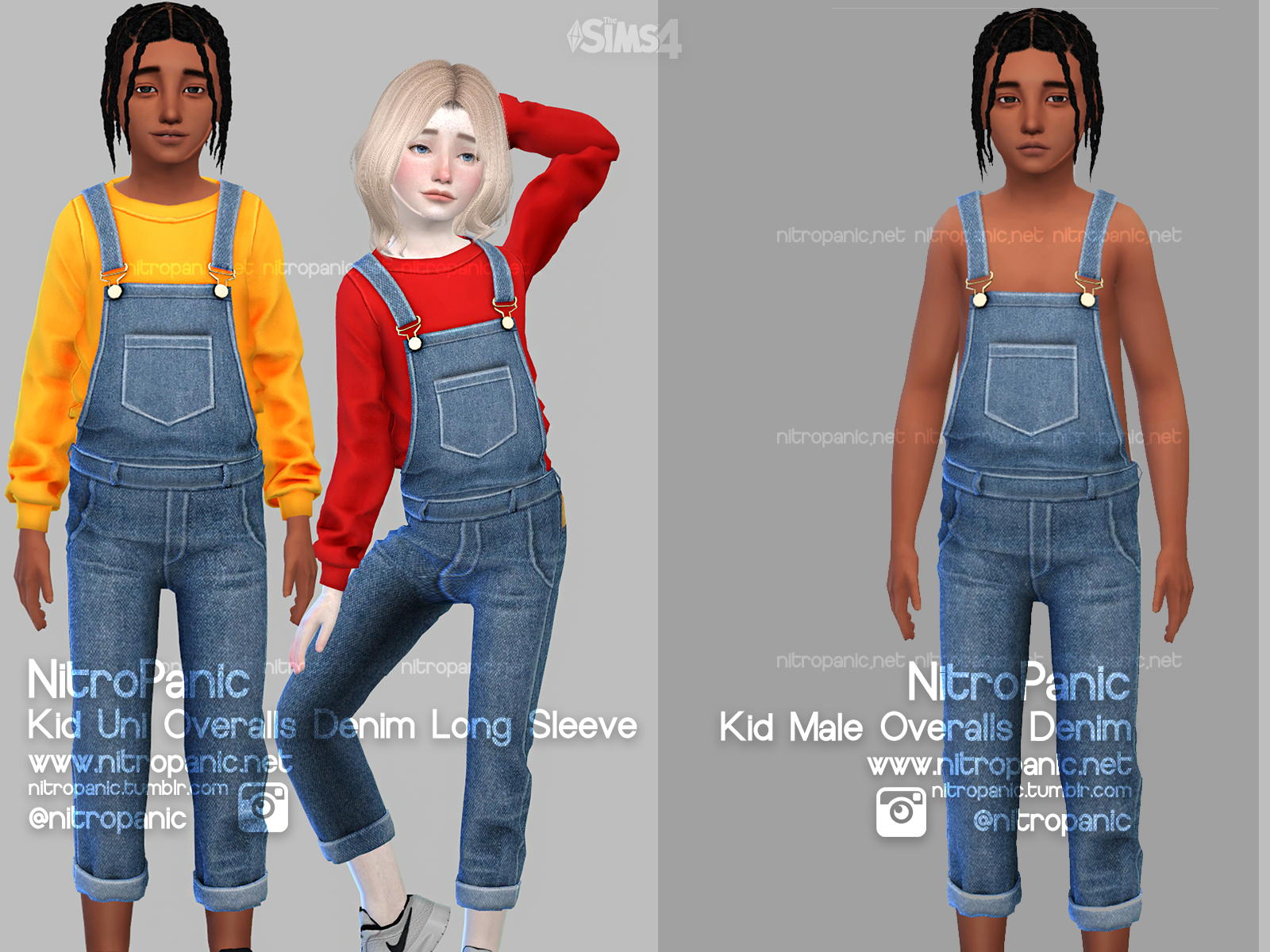 Kid Uni Overall Denim Long Sleeve & Kid Male Overall Denim for The sims 4