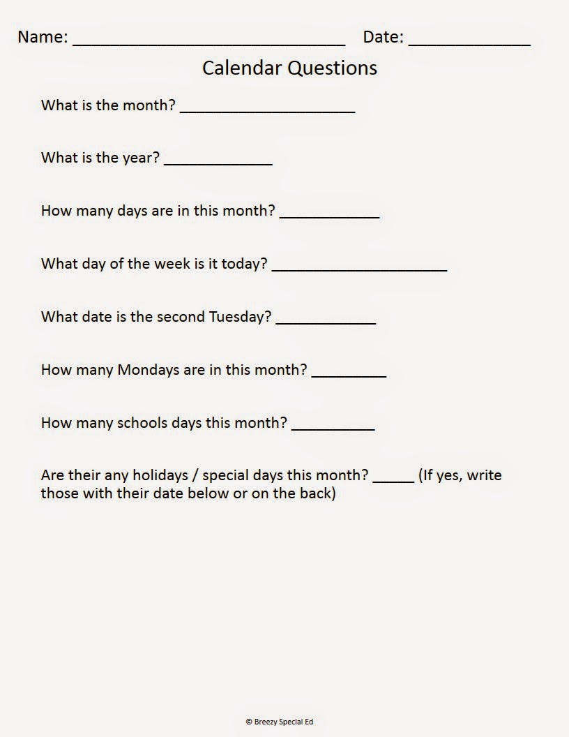 Monthly Calendar Worksheets + August Freebies! - Breezy Special Ed