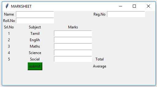 Student Marks details using Tkinter in Python ~ whereisstuff