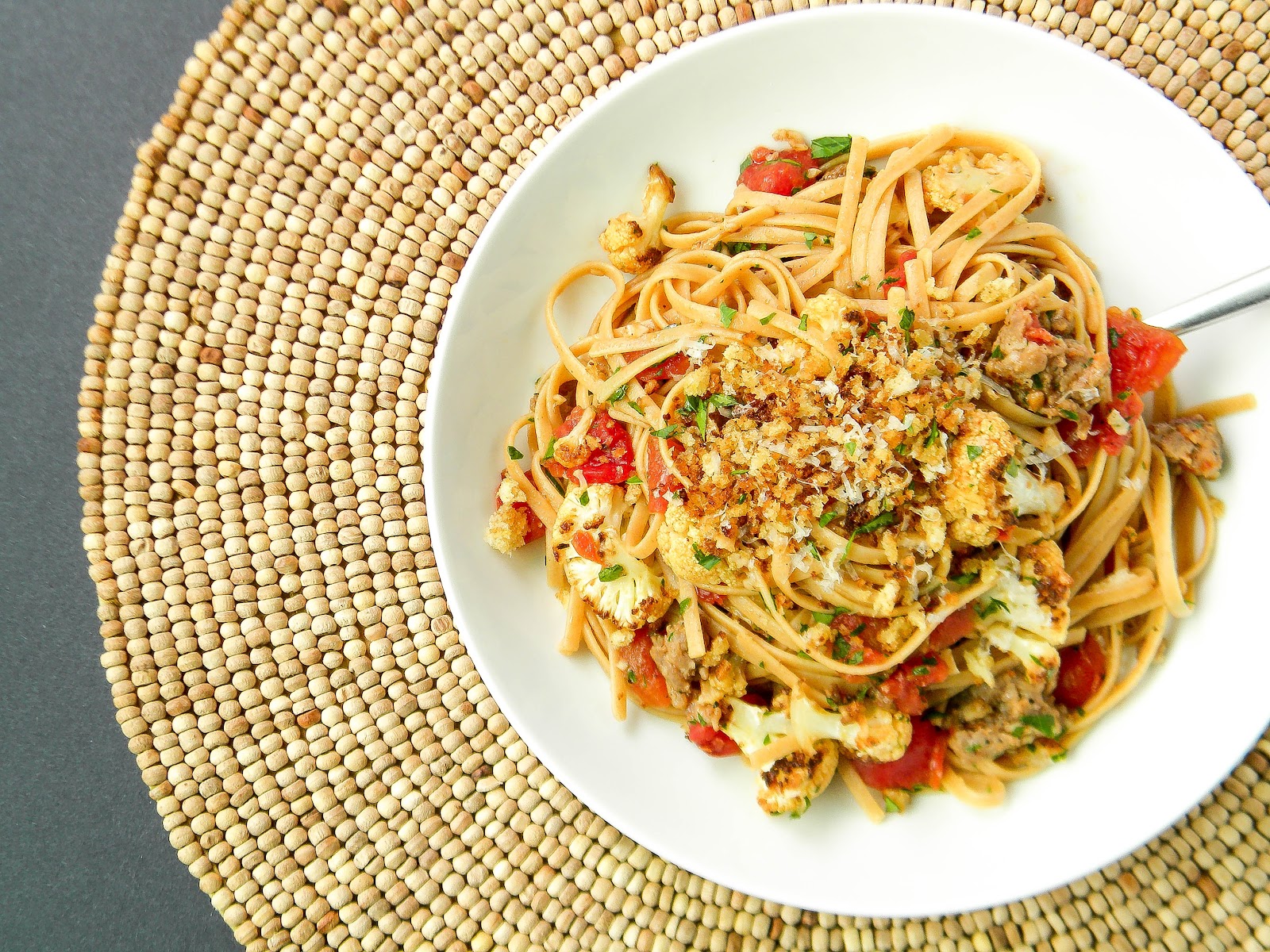 a lovin' forkful: Linguini with Roasted Cauliflower, Sausage and Tomato