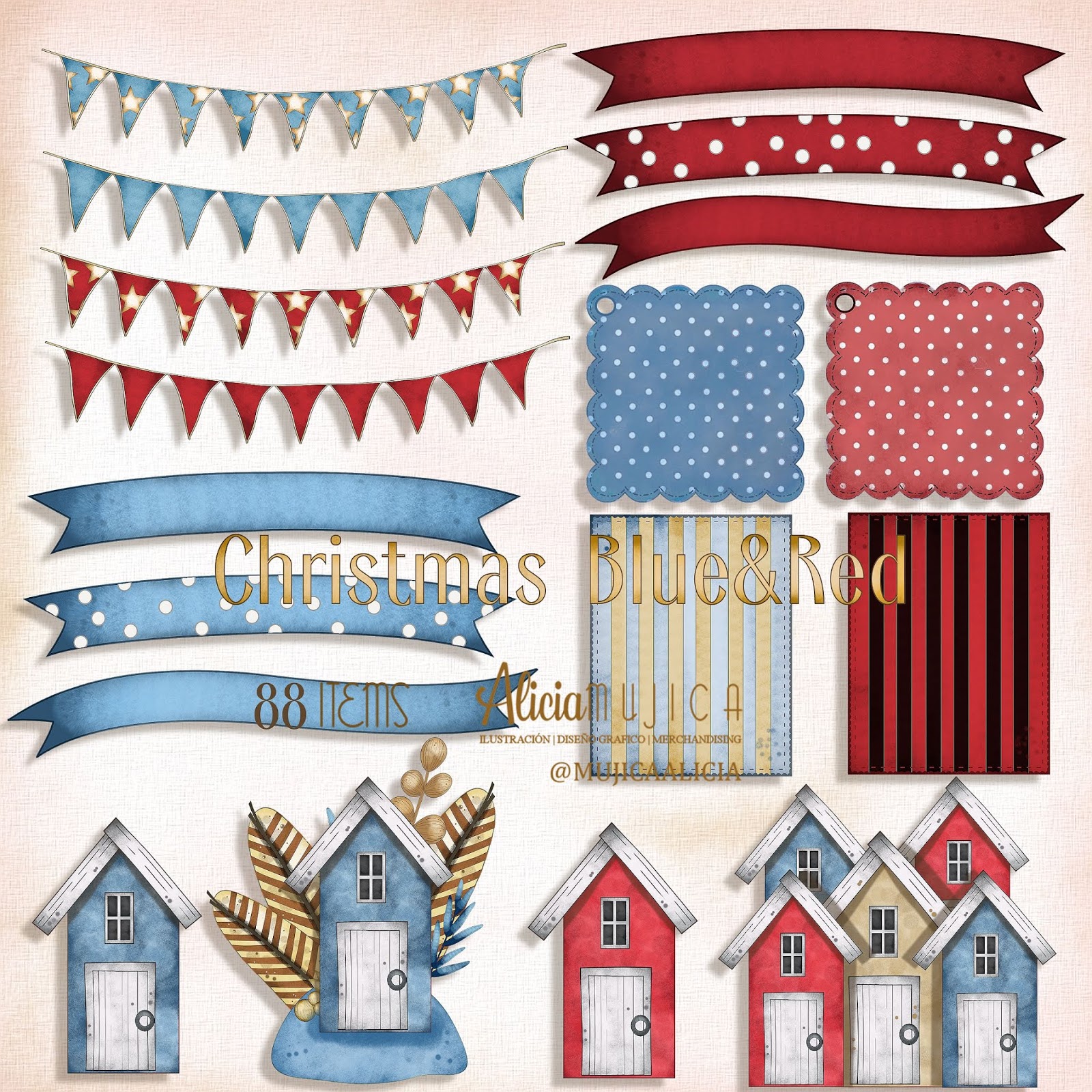 Alicia Mujica Art: Scrap Kit Christmas Blue & Red by Alicia Mujica 2019